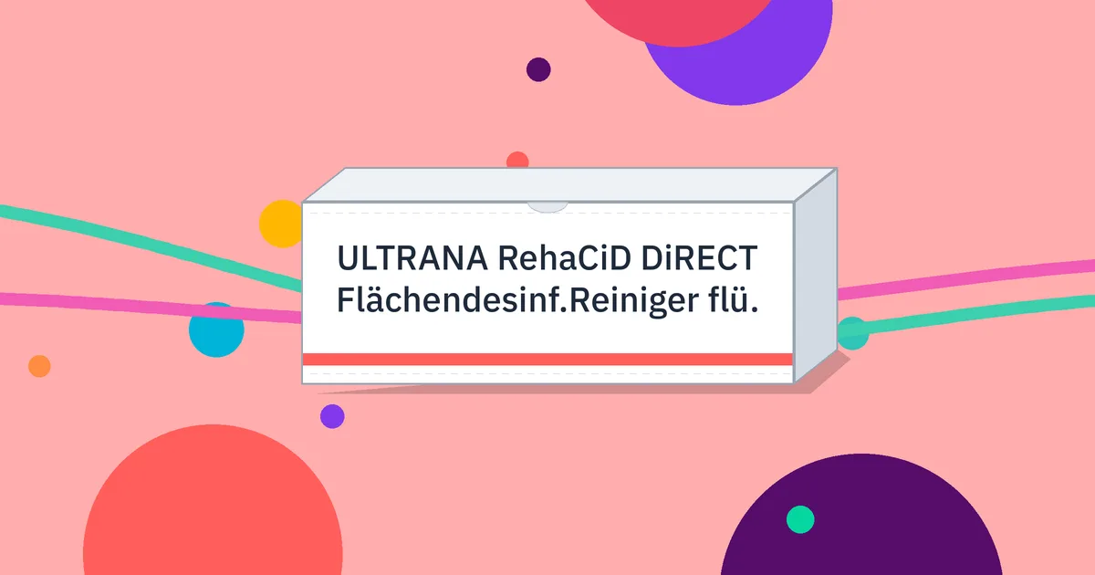 Symbolbild: Packung mit der Aufschrift ULTRANA RehaCiD DiRECT Flächendesinf.Reiniger flü. (PZN 17987341) – Verfügbarkeit und Bezug in Apotheken in Frankfurt am Main