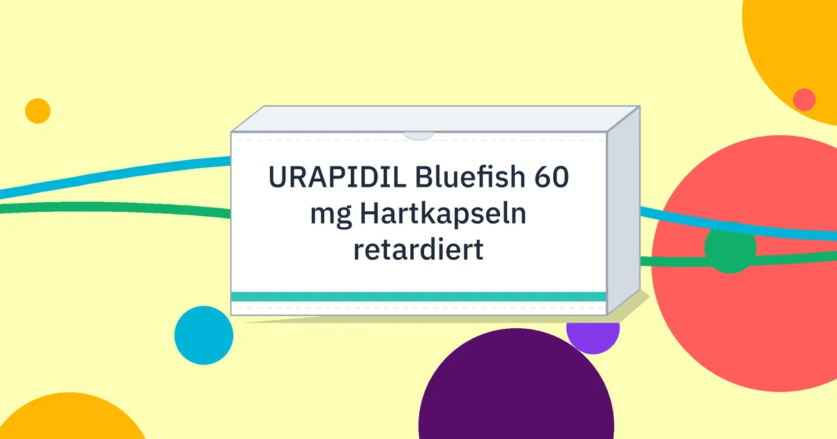 Symbolbild: Packung mit der Aufschrift URAPIDIL Bluefish 60 mg Hartkapseln retardiert (PZN 16779043) – Verfügbarkeit und Bezug in Apotheken in Frankfurt am Main