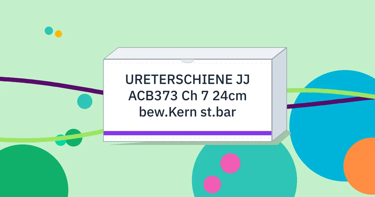 Symbolbild: Packung mit der Aufschrift URETERSCHIENE JJ ACB373 Ch 7 24cm bew.Kern st.bar (PZN 00752415) – Verfügbarkeit und Bezug in Apotheken in Frankfurt am Main