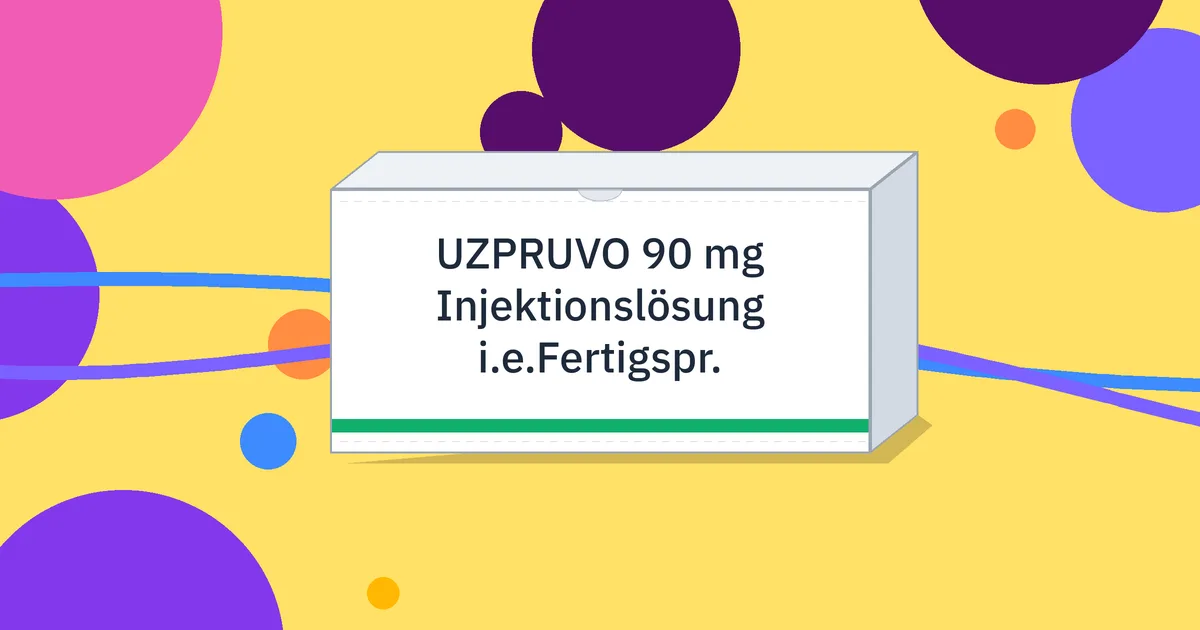 Symbolbild: Packung mit der Aufschrift UZPRUVO 90 mg Injektionslösung i.e.Fertigspr. (PZN 20109466) – Verfügbarkeit und Bezug in Apotheken in Frankfurt am Main