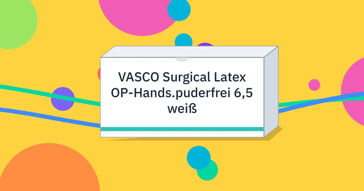 Symbolbild: Packung mit der Aufschrift VASCO Surgical Latex OP-Hands.puderfrei 6,5 weiß (PZN 19708931) – Verfügbarkeit und Bezug in Apotheken in Frankfurt am Main