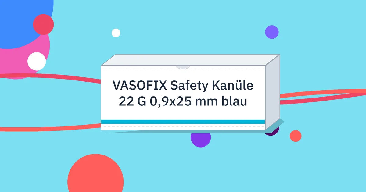 Symbolbild: Packung mit der Aufschrift VASOFIX Safety Kanüle 22 G 0,9x25 mm blau (PZN 00198120) – Verfügbarkeit und Bezug in Apotheken in Frankfurt am Main