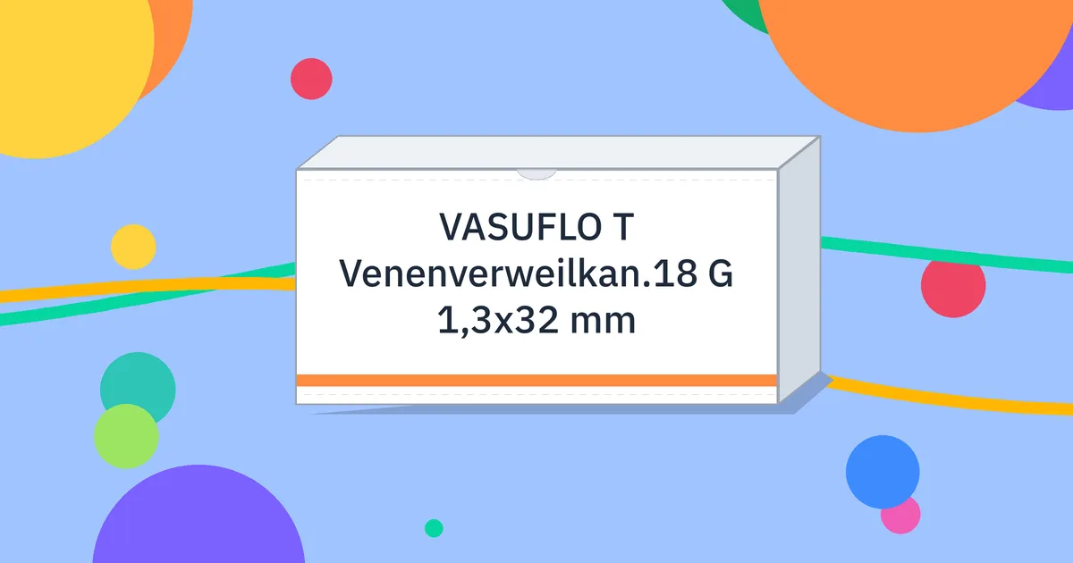 Symbolbild: Packung mit der Aufschrift VASUFLO T Venenverweilkan.18 G 1,3x32 mm (PZN 02451416) – Verfügbarkeit und Bezug in Apotheken in Frankfurt am Main