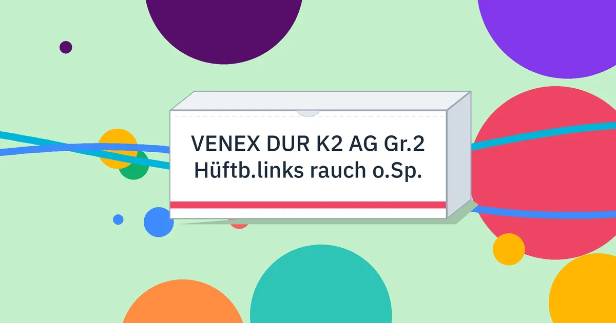 Symbolbild: Packung mit der Aufschrift VENEX DUR K2 AG Gr.2 Hüftb.links rauch o.Sp. (PZN 03230054) – Verfügbarkeit und Bezug in Apotheken in Frankfurt am Main