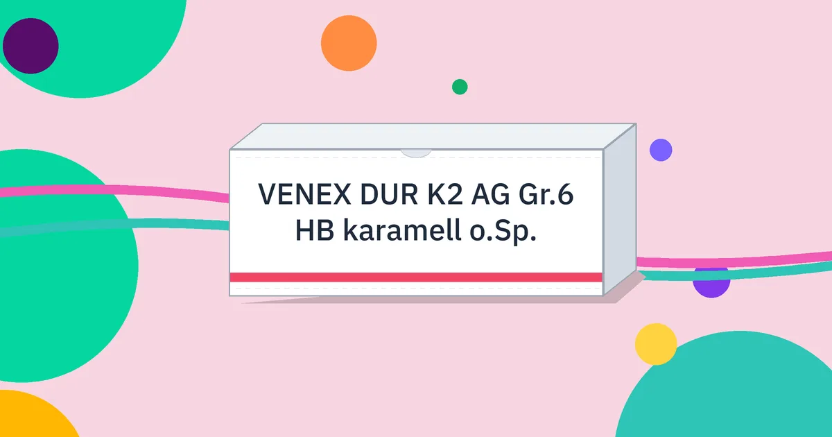 Symbolbild: Packung mit der Aufschrift VENEX DUR K2 AG Gr.6 HB karamell o.Sp. (PZN 13757868) – Verfügbarkeit und Bezug in Apotheken in Frankfurt am Main