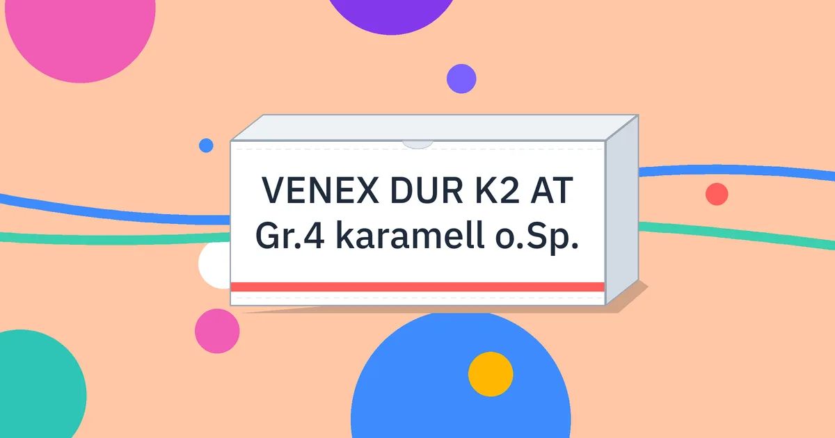 Symbolbild: Packung mit der Aufschrift VENEX DUR K2 AT Gr.4 karamell o.Sp. (PZN 13757992) – Verfügbarkeit und Bezug in Apotheken in Frankfurt am Main
