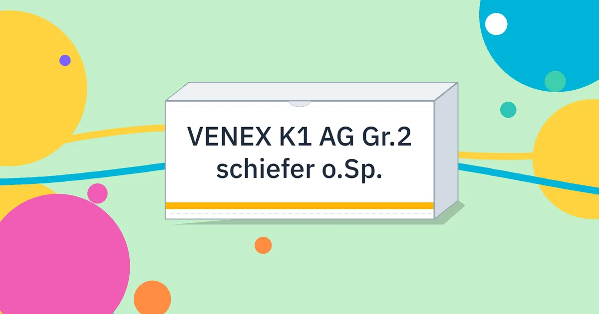Symbolbild: Packung mit der Aufschrift VENEX K1 AG Gr.2 schiefer o.Sp. (PZN 03189452) – Verfügbarkeit und Bezug in Apotheken in Frankfurt am Main
