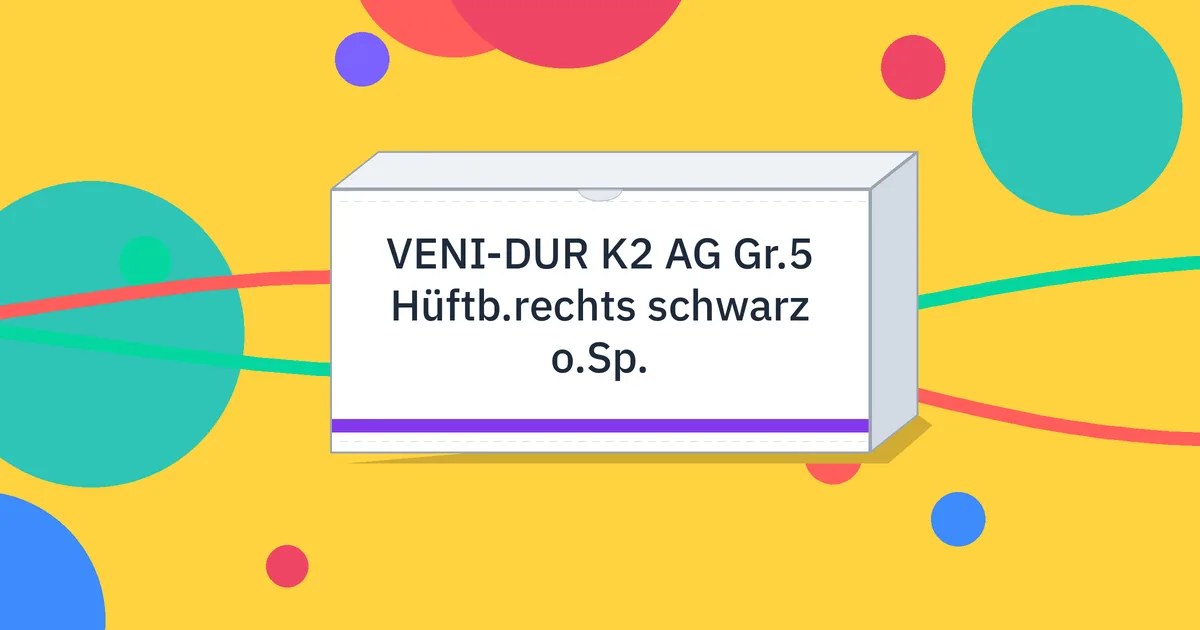 Symbolbild: Packung mit der Aufschrift VENI-DUR K2 AG Gr.5 Hüftb.rechts schwarz o.Sp. (PZN 03254497) – Verfügbarkeit und Bezug in Apotheken in Frankfurt am Main