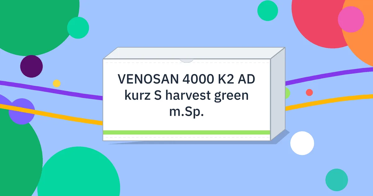 Symbolbild: Packung mit der Aufschrift VENOSAN 4000 K2 AD kurz S harvest green m.Sp. (PZN 18847487) – Verfügbarkeit und Bezug in Apotheken in Frankfurt am Main