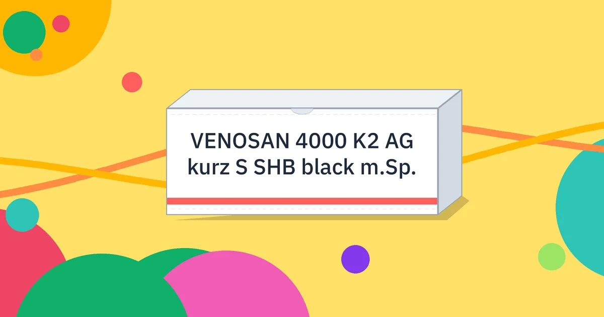 Symbolbild: Packung mit der Aufschrift VENOSAN 4000 K2 AG kurz S SHB black m.Sp. (PZN 14427854) – Verfügbarkeit und Bezug in Apotheken in Frankfurt am Main