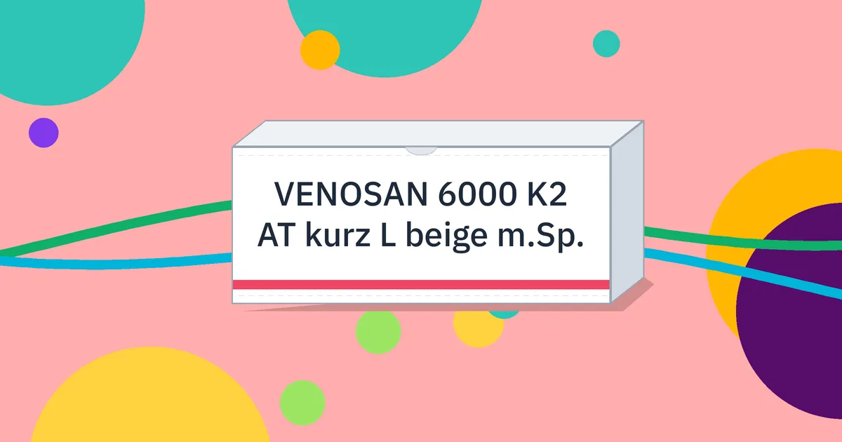 Symbolbild: Packung mit der Aufschrift VENOSAN 6000 K2 AT kurz L beige m.Sp. (PZN 17173213) – Verfügbarkeit und Bezug in Apotheken in Frankfurt am Main