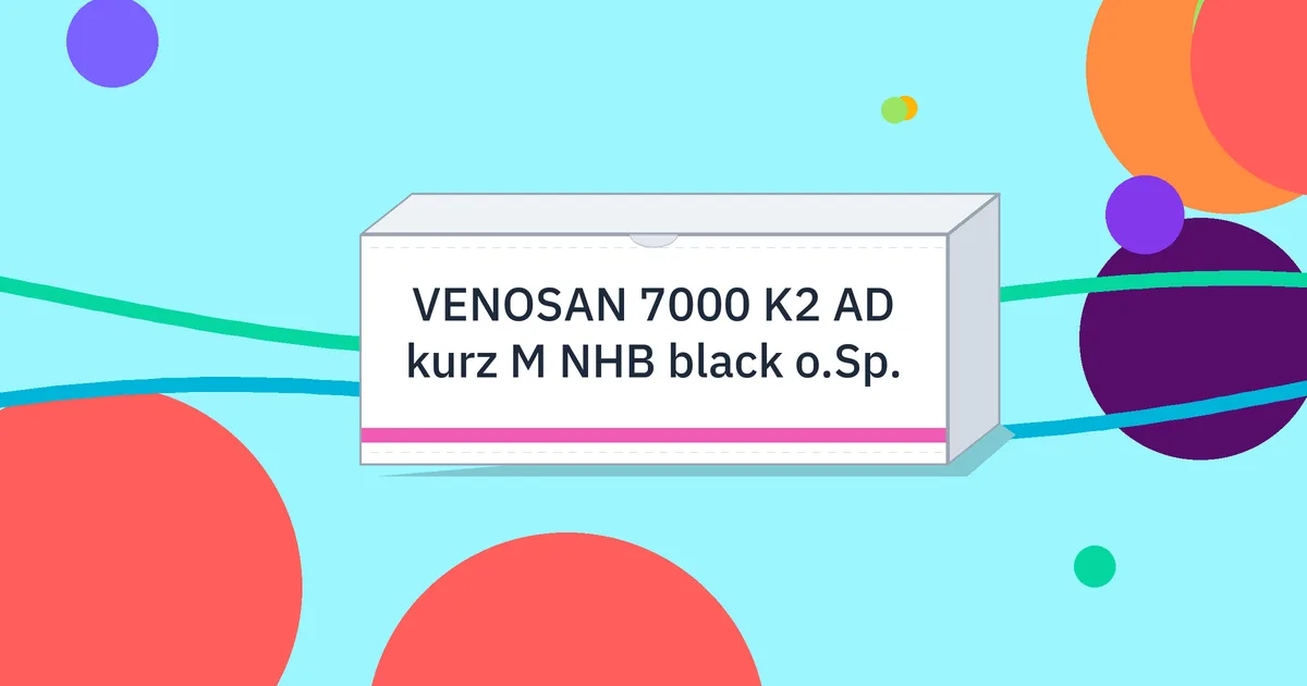 Symbolbild: Packung mit der Aufschrift VENOSAN 7000 K2 AD kurz M NHB black o.Sp. (PZN 14435807) – Verfügbarkeit und Bezug in Apotheken in Frankfurt am Main