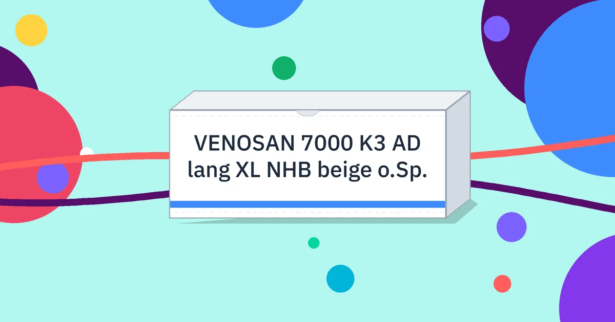 Symbolbild: Packung mit der Aufschrift VENOSAN 7000 K3 AD lang XL NHB beige o.Sp. (PZN 14435150) – Verfügbarkeit und Bezug in Apotheken in Frankfurt am Main
