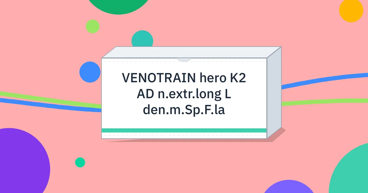 Symbolbild: Packung mit der Aufschrift VENOTRAIN hero K2 AD n.extr.long L den.m.Sp.F.la (PZN 19191155) – Verfügbarkeit und Bezug in Apotheken in Frankfurt am Main