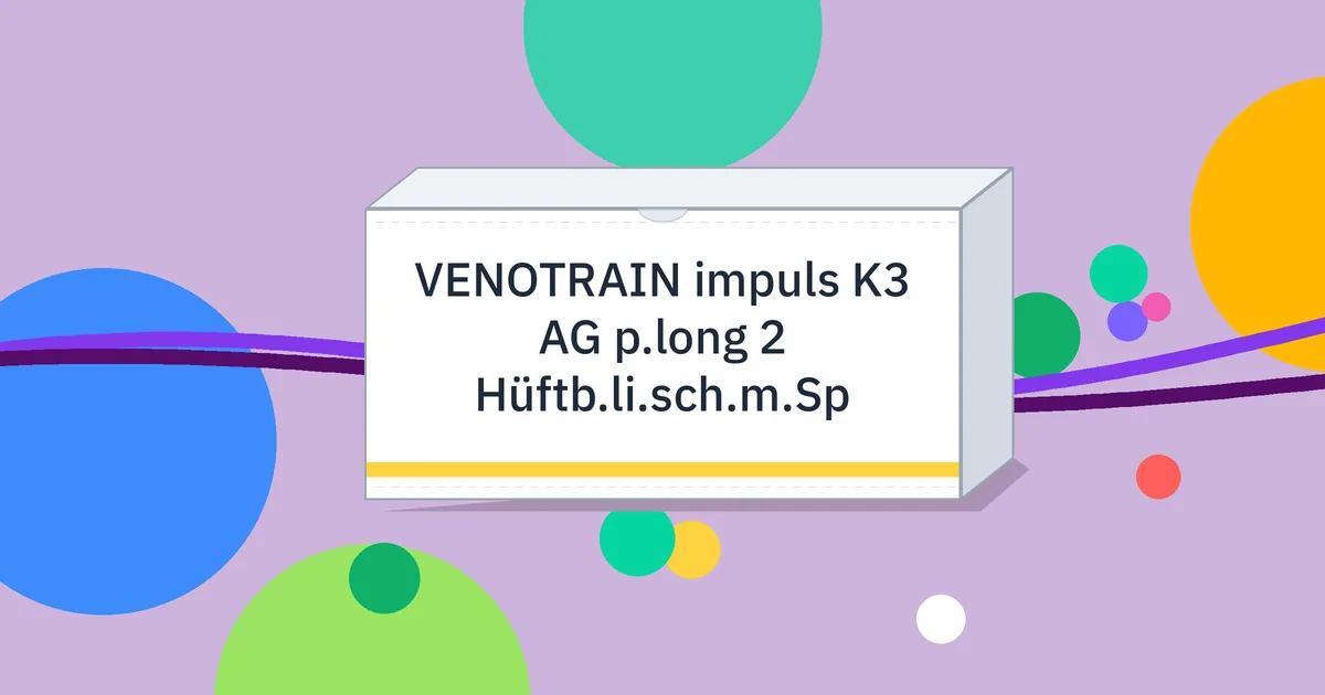 Symbolbild: Packung mit der Aufschrift VENOTRAIN impuls K3 AG p.long 2 Hüftb.li.sch.m.Sp (PZN 10295798) – Verfügbarkeit und Bezug in Apotheken in Frankfurt am Main