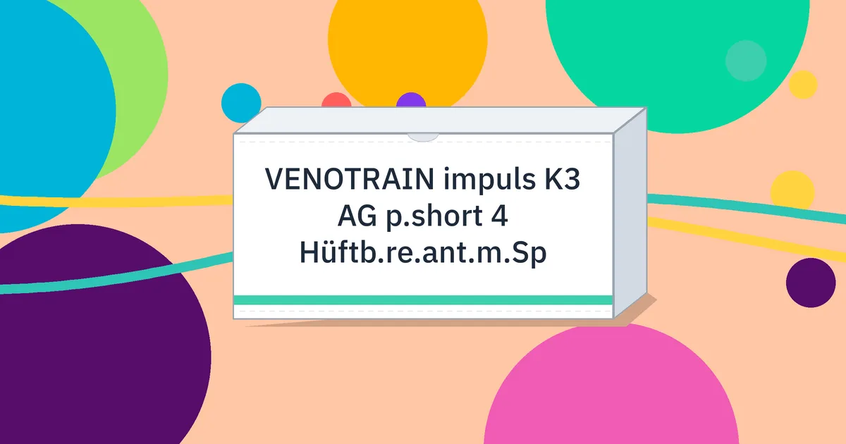 Symbolbild: Packung mit der Aufschrift VENOTRAIN impuls K3 AG p.short 4 Hüftb.re.ant.m.Sp (PZN 15218294) – Verfügbarkeit und Bezug in Apotheken in Frankfurt am Main