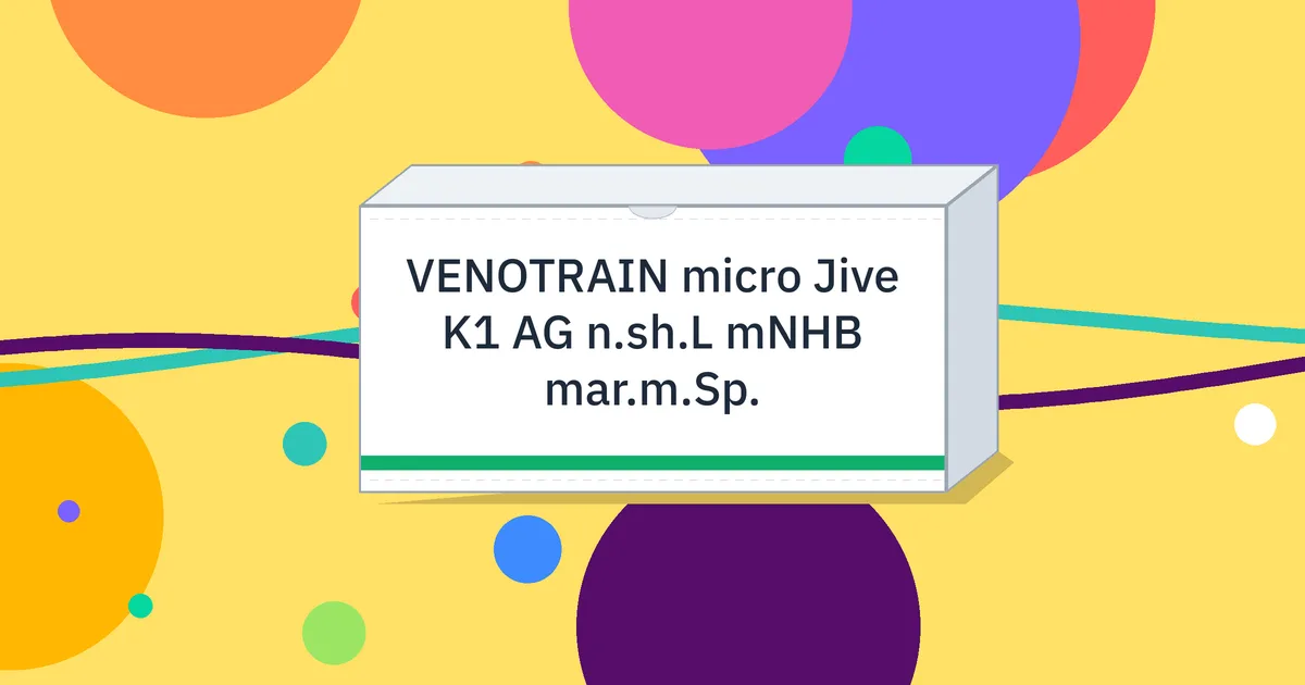 Symbolbild: Packung mit der Aufschrift VENOTRAIN micro Jive K1 AG n.sh.L mNHB mar.m.Sp. (PZN 17761766) – Verfügbarkeit und Bezug in Apotheken in Frankfurt am Main