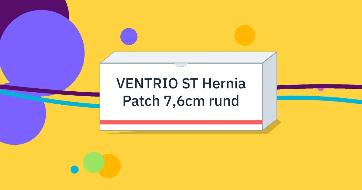 Symbolbild: Packung mit der Aufschrift VENTRIO ST Hernia Patch 7,6cm rund (PZN 09485097) – Verfügbarkeit und Bezug in Apotheken in Frankfurt am Main