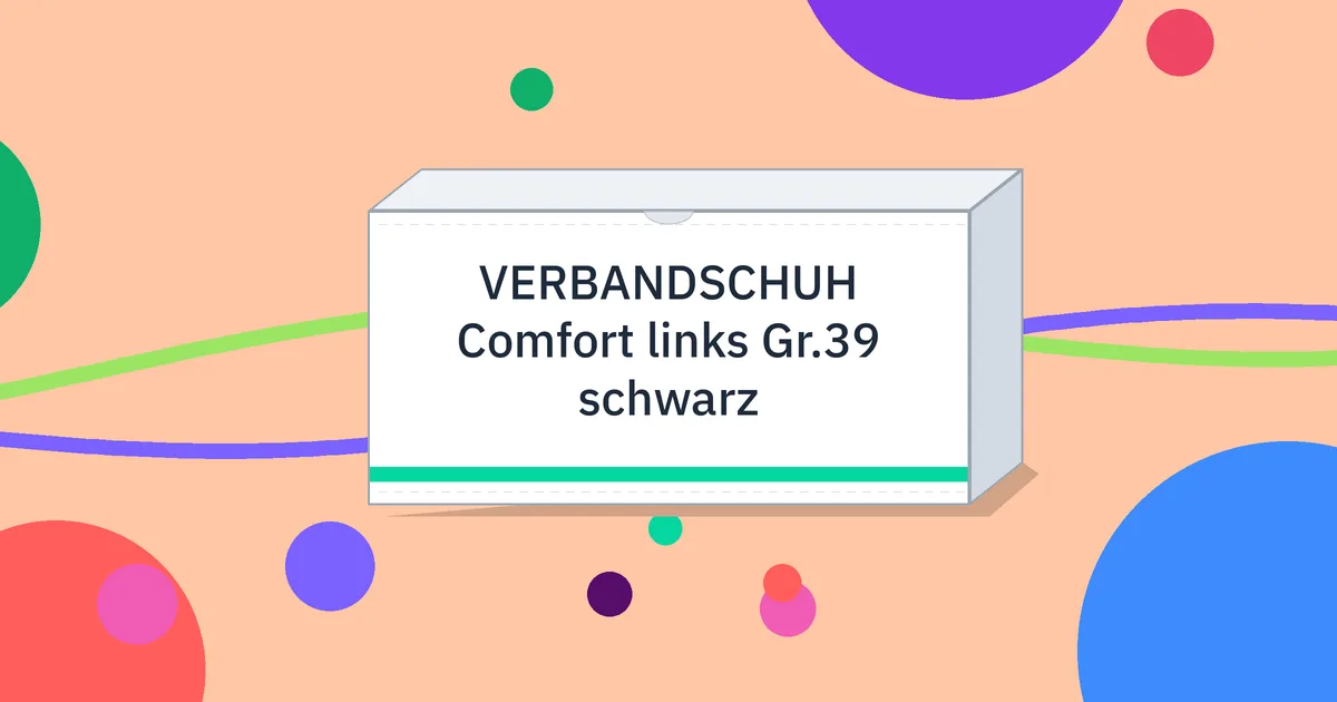 Symbolbild: Packung mit der Aufschrift VERBANDSCHUH Comfort links Gr.39 schwarz (PZN 11014979) – Verfügbarkeit und Bezug in Apotheken in Frankfurt am Main