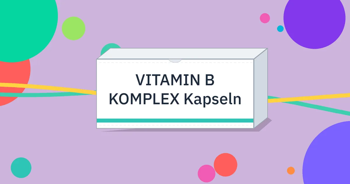 Symbolbild: Packung mit der Aufschrift VITAMIN B KOMPLEX Kapseln (PZN 03626668) – Verfügbarkeit und Bezug in Apotheken in Frankfurt am Main