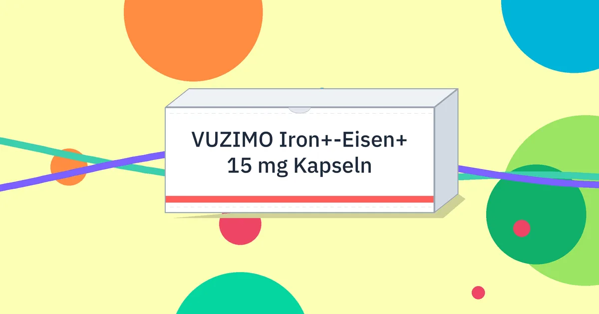 Symbolbild: Packung mit der Aufschrift VUZIMO Iron+-Eisen+ 15 mg Kapseln (PZN 20918734) – Verfügbarkeit und Bezug in Apotheken in Frankfurt am Main