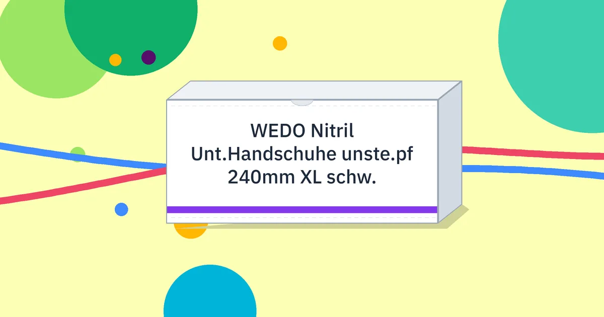 Symbolbild: Packung mit der Aufschrift WEDO Nitril Unt.Handschuhe unste.pf 240mm XL schw. (PZN 18740157) – Verfügbarkeit und Bezug in Apotheken in Frankfurt am Main