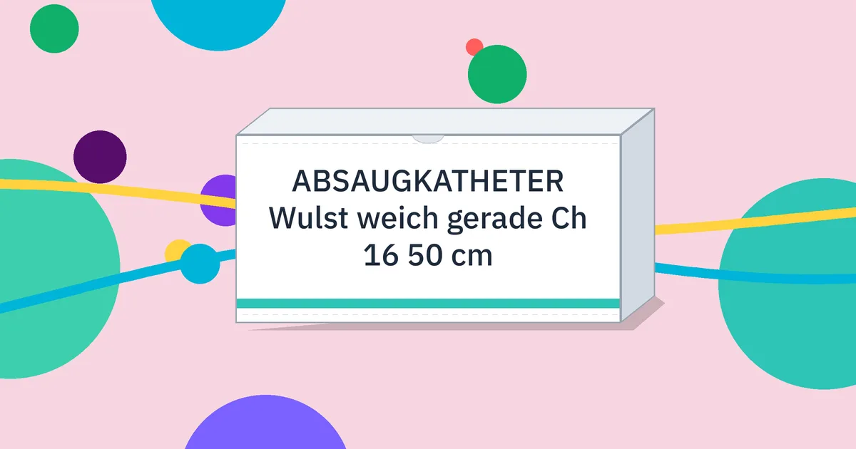 Symbolbild: Packung mit der Aufschrift ABSAUGKATHETER Wulst weich gerade Ch 16 50 cm (PZN 20391681) – Verfügbarkeit und Bezug in Apotheken in Frankfurt am Main