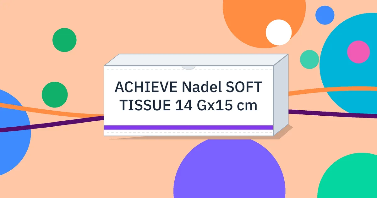 Symbolbild: Packung mit der Aufschrift ACHIEVE Nadel SOFT TISSUE 14 Gx15 cm (PZN 18763371) – Verfügbarkeit und Bezug in Apotheken in Frankfurt am Main