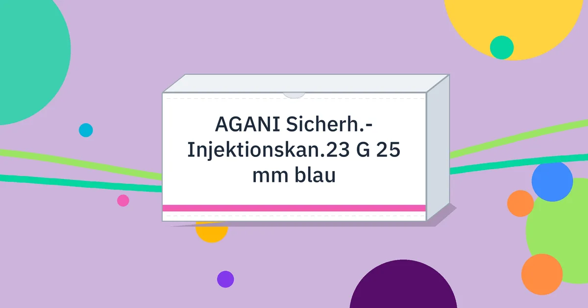 Symbolbild: Packung mit der Aufschrift AGANI Sicherh.-Injektionskan.23 G 25 mm blau (PZN 17630455) – Verfügbarkeit und Bezug in Apotheken in Frankfurt am Main