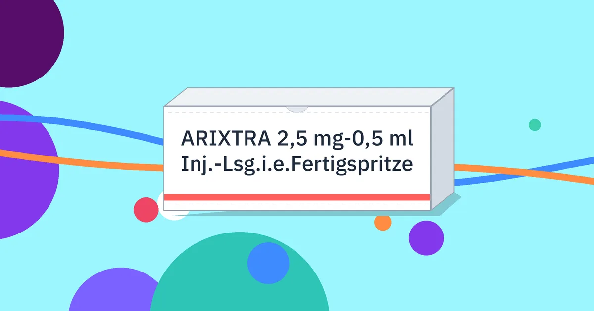 Symbolbild: Packung mit der Aufschrift ARIXTRA 2,5 mg-0,5 ml Inj.-Lsg.i.e.Fertigspritze (PZN 15294303) – Verfügbarkeit und Bezug in Apotheken in Frankfurt am Main