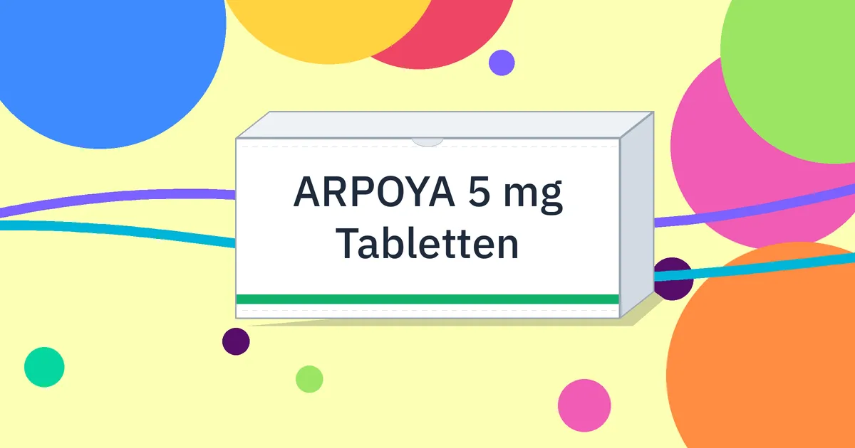 Symbolbild: Packung mit der Aufschrift ARPOYA 5 mg Tabletten (PZN 19053654) – Verfügbarkeit und Bezug in Apotheken in Frankfurt am Main