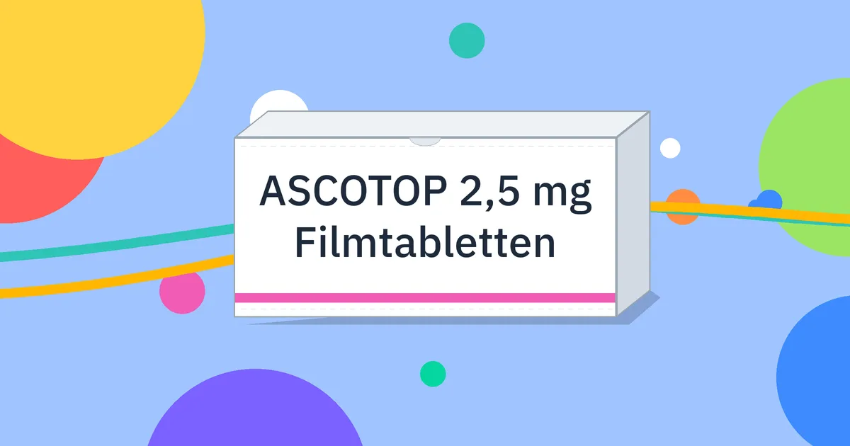 Symbolbild: Packung mit der Aufschrift ASCOTOP 2,5 mg Filmtabletten (PZN 08508844) – Verfügbarkeit und Bezug in Apotheken in Frankfurt am Main