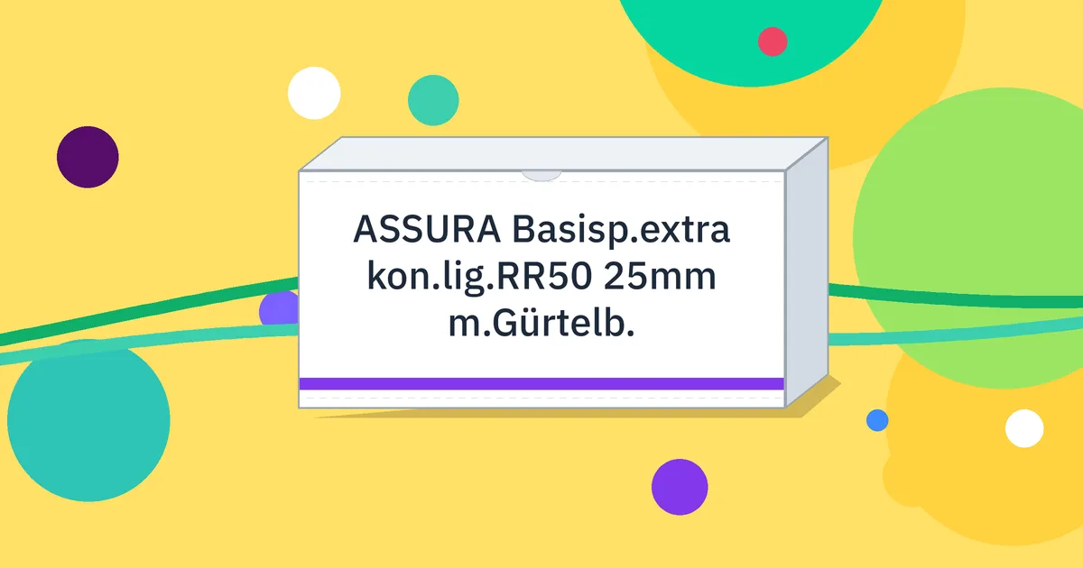 Symbolbild: Packung mit der Aufschrift ASSURA Basisp.extra kon.lig.RR50 25mm m.Gürtelb. (PZN 04312021) – Verfügbarkeit und Bezug in Apotheken in Frankfurt am Main