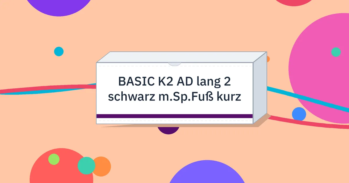 Symbolbild: Packung mit der Aufschrift BASIC K2 AD lang 2 schwarz m.Sp.Fuß kurz (PZN 20263842) – Verfügbarkeit und Bezug in Apotheken in Frankfurt am Main