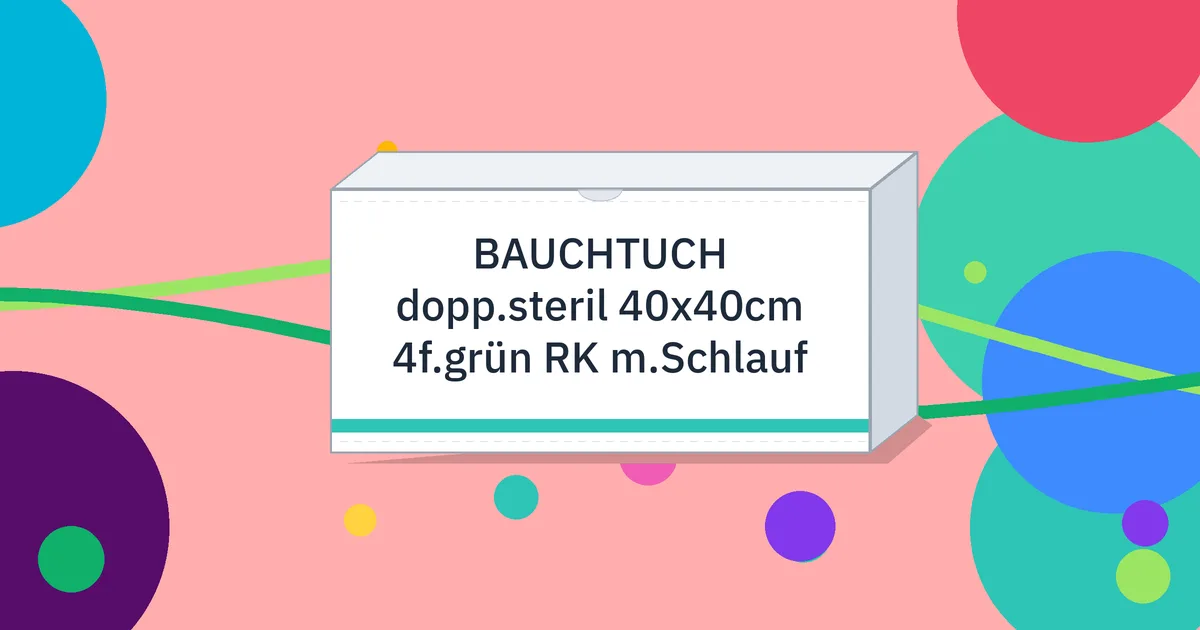 Symbolbild: Packung mit der Aufschrift BAUCHTUCH dopp.steril 40x40cm 4f.grün RK m.Schlauf (PZN 13166305) – Verfügbarkeit und Bezug in Apotheken in Frankfurt am Main
