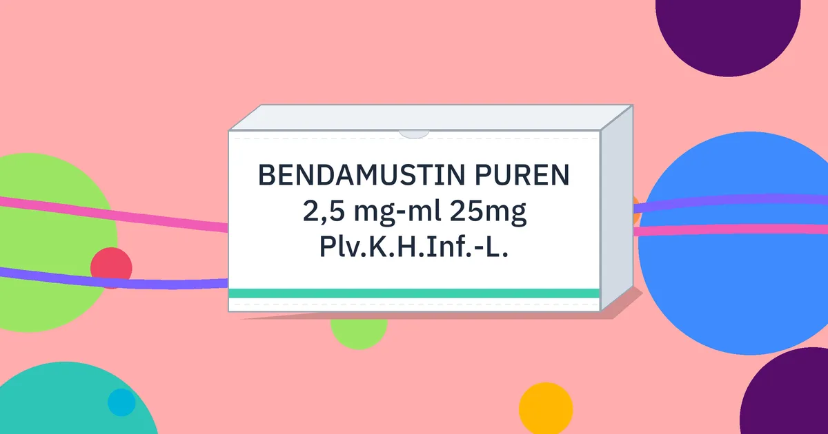 Symbolbild: Packung mit der Aufschrift BENDAMUSTIN PUREN 2,5 mg-ml 25mg Plv.K.H.Inf.-L. (PZN 18751528) – Verfügbarkeit und Bezug in Apotheken in Frankfurt am Main
