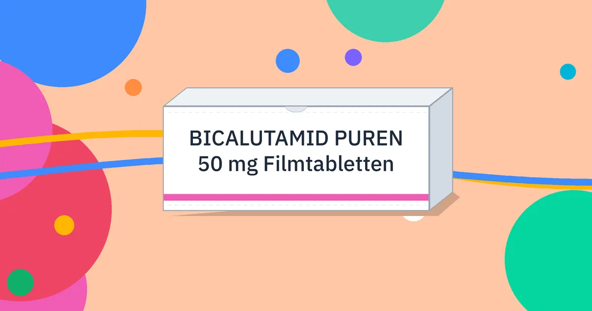 Symbolbild: Packung mit der Aufschrift BICALUTAMID PUREN 50 mg Filmtabletten (PZN 20316780) – Verfügbarkeit und Bezug in Apotheken in Frankfurt am Main