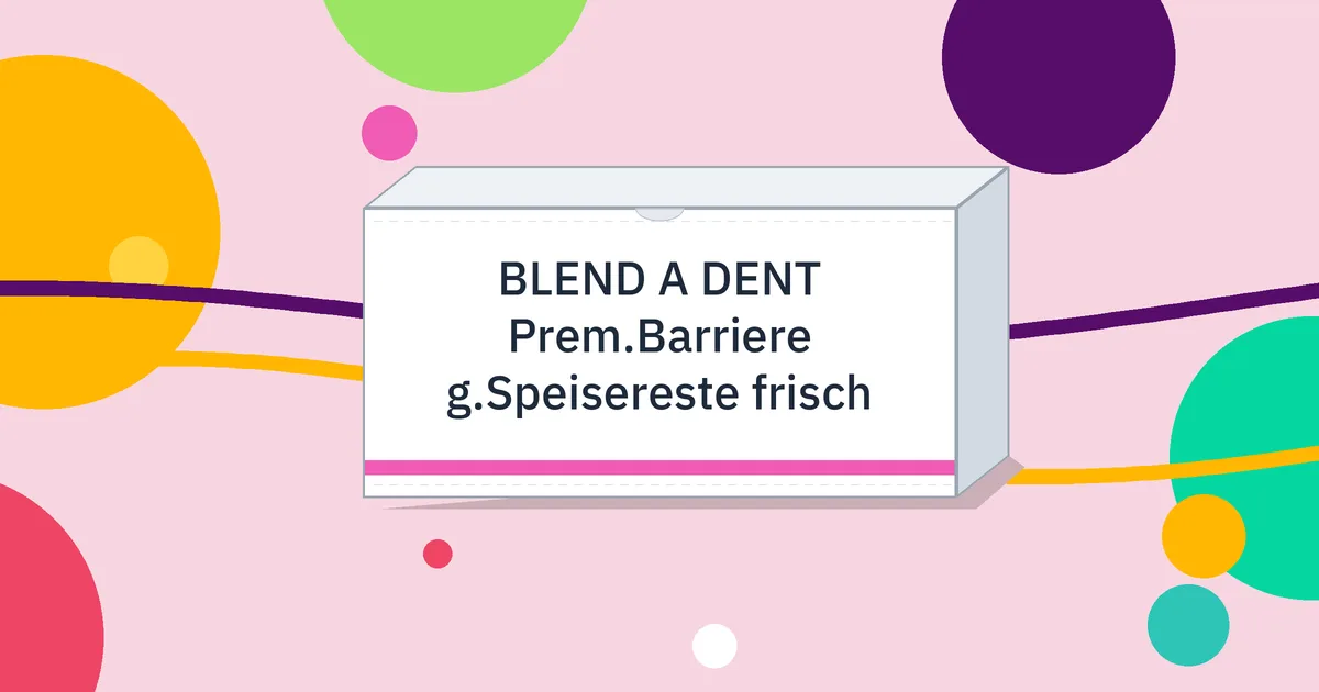 Symbolbild: Packung mit der Aufschrift BLEND A DENT Prem.Barriere g.Speisereste frisch (PZN 19288423) – Verfügbarkeit und Bezug in Apotheken in Frankfurt am Main
