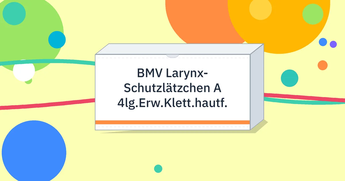 Symbolbild: Packung mit der Aufschrift BMV Larynx-Schutzlätzchen A 4lg.Erw.Klett.hautf. (PZN 10083369) – Verfügbarkeit und Bezug in Apotheken in Frankfurt am Main