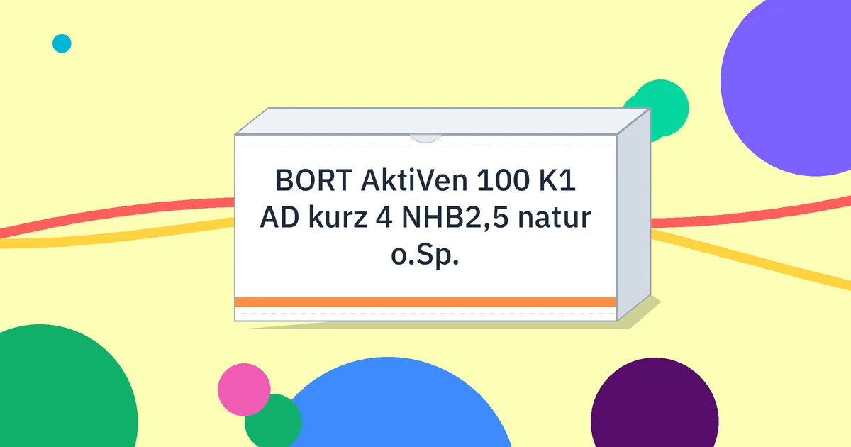 Symbolbild: Packung mit der Aufschrift BORT AktiVen 100 K1 AD kurz 4 NHB2,5 natur o.Sp. (PZN 17498346) – Verfügbarkeit und Bezug in Apotheken in Frankfurt am Main