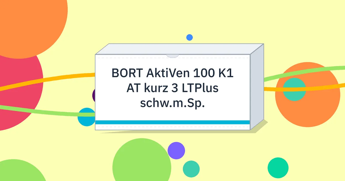 Symbolbild: Packung mit der Aufschrift BORT AktiVen 100 K1 AT kurz 3 LTPlus schw.m.Sp. (PZN 18175970) – Verfügbarkeit und Bezug in Apotheken in Frankfurt am Main