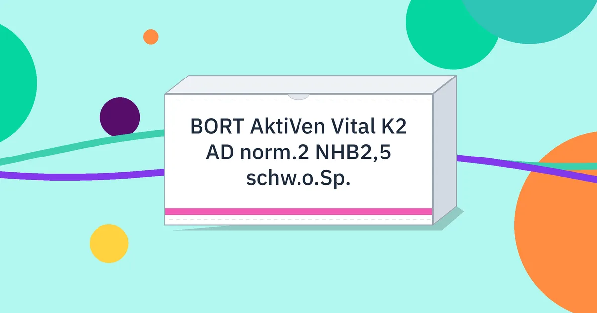 Symbolbild: Packung mit der Aufschrift BORT AktiVen Vital K2 AD norm.2 NHB2,5 schw.o.Sp. (PZN 17497884) – Verfügbarkeit und Bezug in Apotheken in Frankfurt am Main