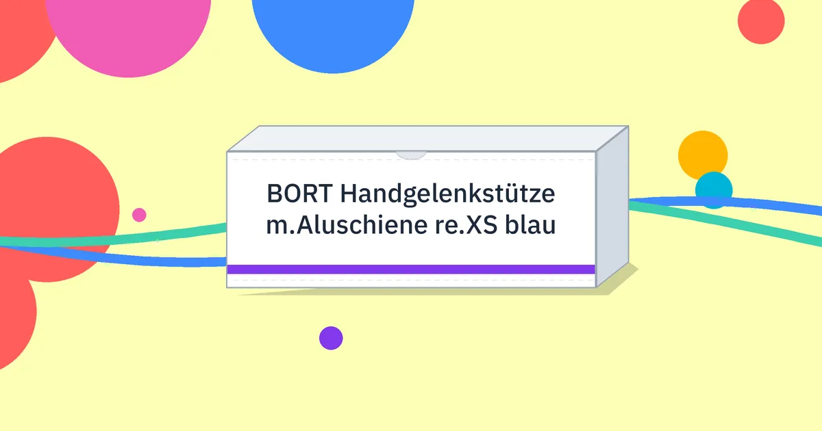 Symbolbild: Packung mit der Aufschrift BORT Handgelenkstütze m.Aluschiene re.XS blau (PZN 00945284) – Verfügbarkeit und Bezug in Apotheken in Frankfurt am Main