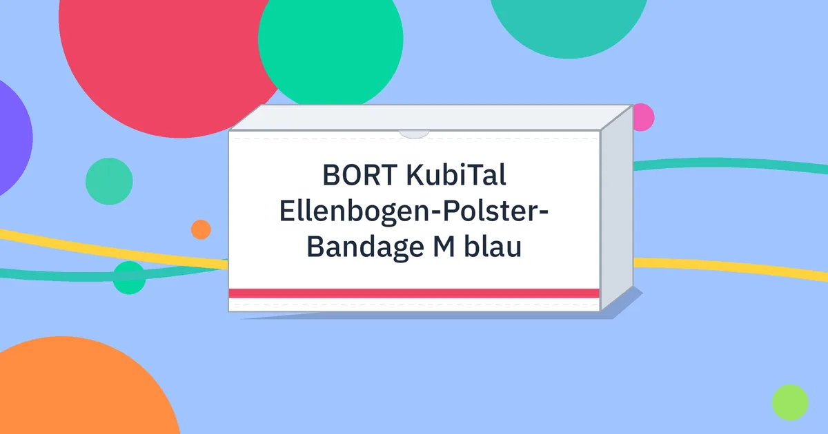 Symbolbild: Packung mit der Aufschrift BORT KubiTal Ellenbogen-Polster-Bandage M blau (PZN 00945166) – Verfügbarkeit und Bezug in Apotheken in Frankfurt am Main