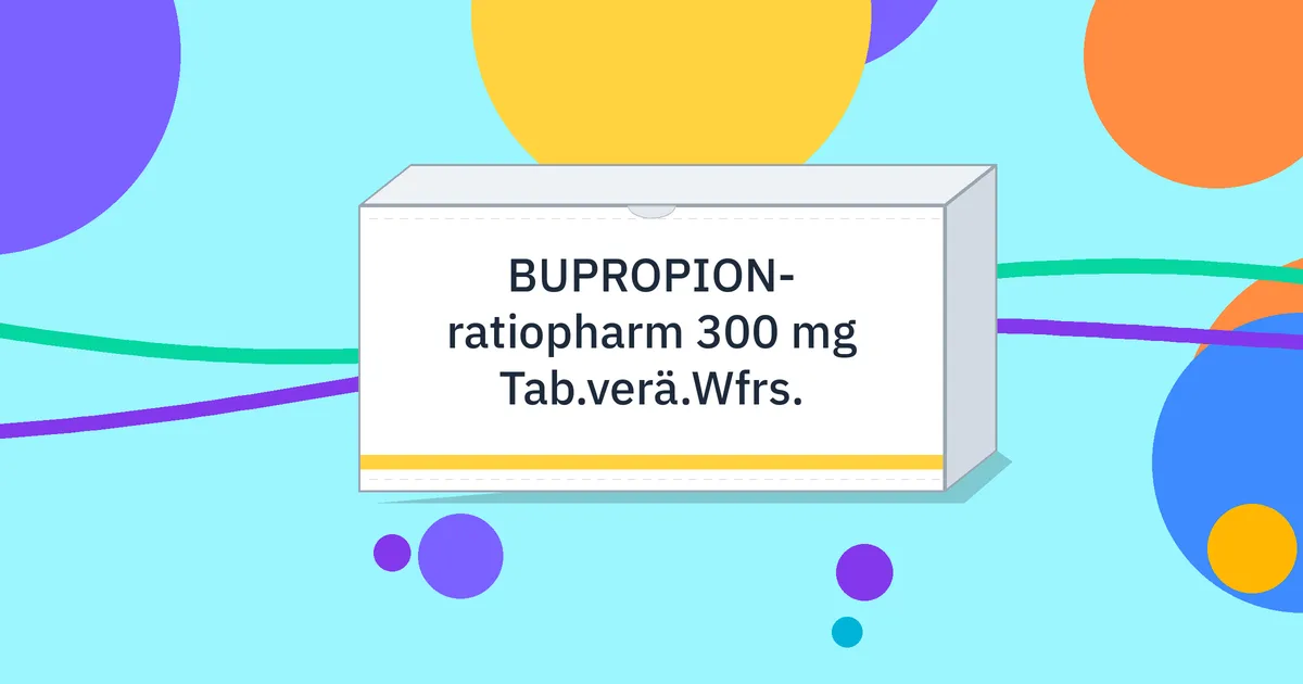 Symbolbild: Packung mit der Aufschrift BUPROPION-ratiopharm 300 mg Tab.verä.Wfrs. (PZN 19635244) – Verfügbarkeit und Bezug in Apotheken in Frankfurt am Main