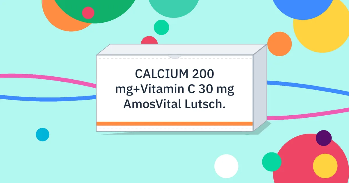 Symbolbild: Packung mit der Aufschrift CALCIUM 200 mg+Vitamin C 30 mg AmosVital Lutsch. (PZN 00658231) – Verfügbarkeit und Bezug in Apotheken in Frankfurt am Main