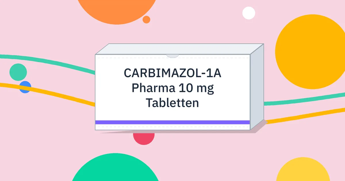 Symbolbild: Packung mit der Aufschrift CARBIMAZOL-1A Pharma 10 mg Tabletten (PZN 14038331) – Verfügbarkeit und Bezug in Apotheken in Frankfurt am Main