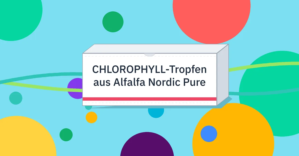 Symbolbild: Packung mit der Aufschrift CHLOROPHYLL-Tropfen aus Alfalfa Nordic Pure (PZN 20095132) – Verfügbarkeit und Bezug in Apotheken in Frankfurt am Main