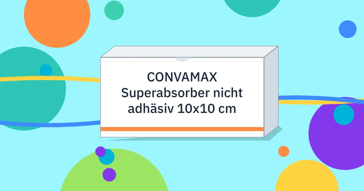 Symbolbild: Packung mit der Aufschrift CONVAMAX Superabsorber nicht adhäsiv 10x10 cm (PZN 20124744) – Verfügbarkeit und Bezug in Apotheken in Frankfurt am Main