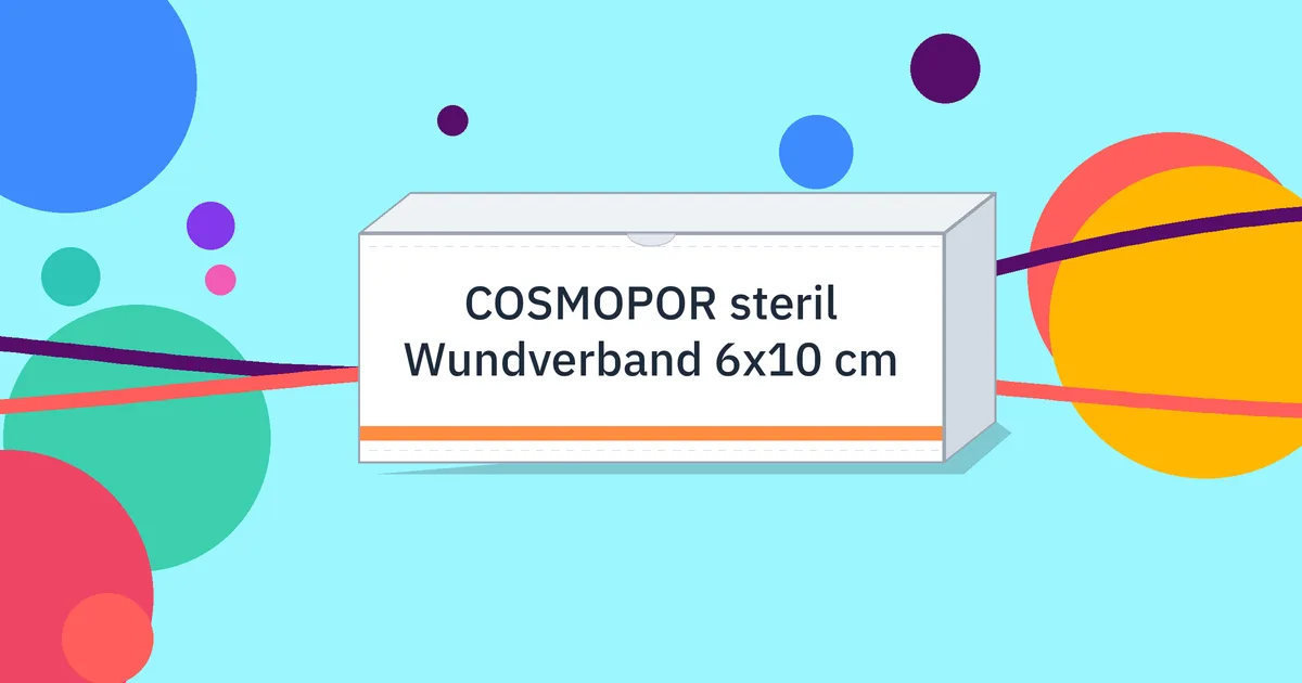 Symbolbild: Packung mit der Aufschrift COSMOPOR steril Wundverband 6x10 cm (PZN 14289702) – Verfügbarkeit und Bezug in Apotheken in Frankfurt am Main
